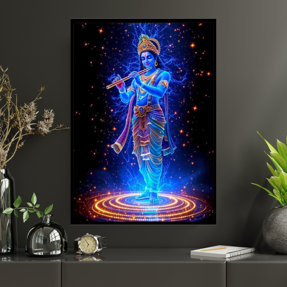 Lord Krishna Playing Flute Cosmic Wall Art | HD Glossy 2D Frame | Divi ...