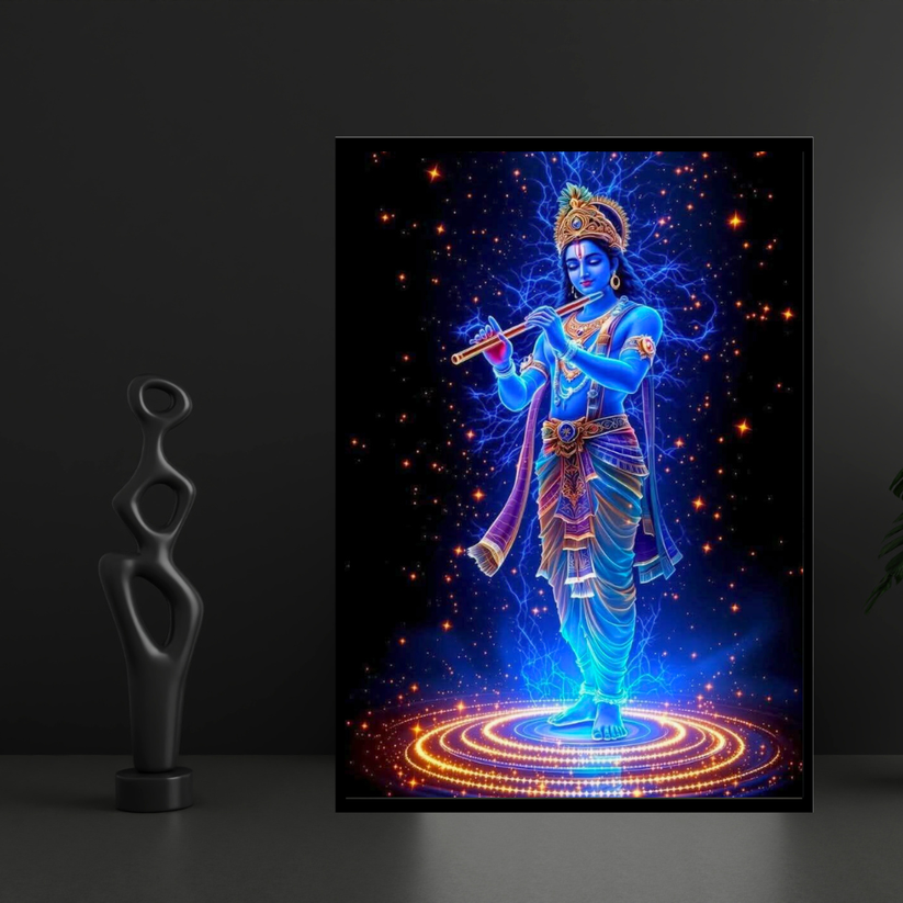 Lord Krishna Playing Flute Cosmic Wall Art | HD Glossy 2D Frame | Divi ...